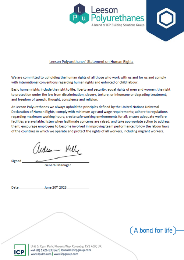 Statement on Human Rights - Leeson Polyurethanes